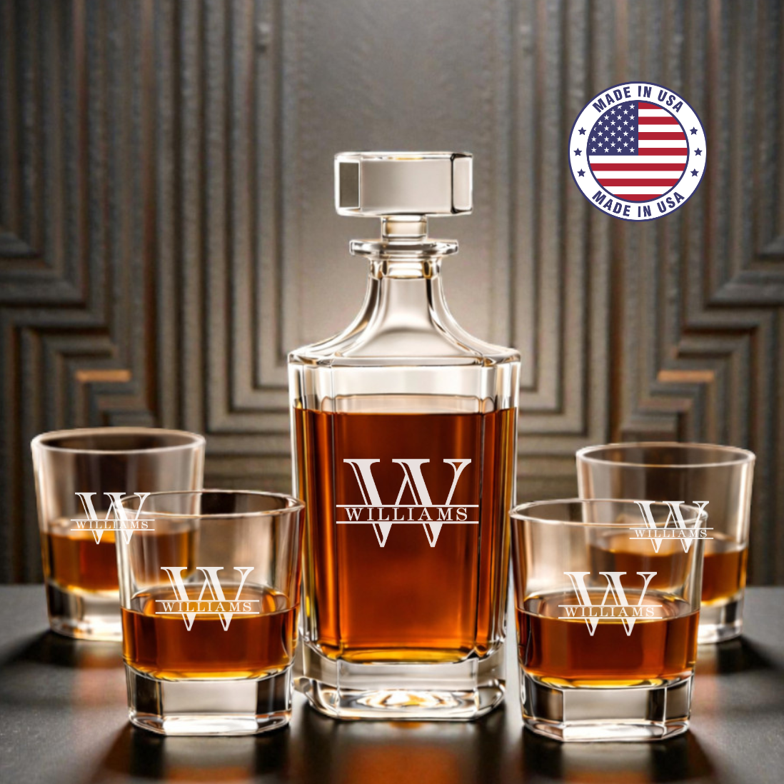 Personalized Etched Monogram Whiskey Decanter Set with 4 Rocks Glasses ...