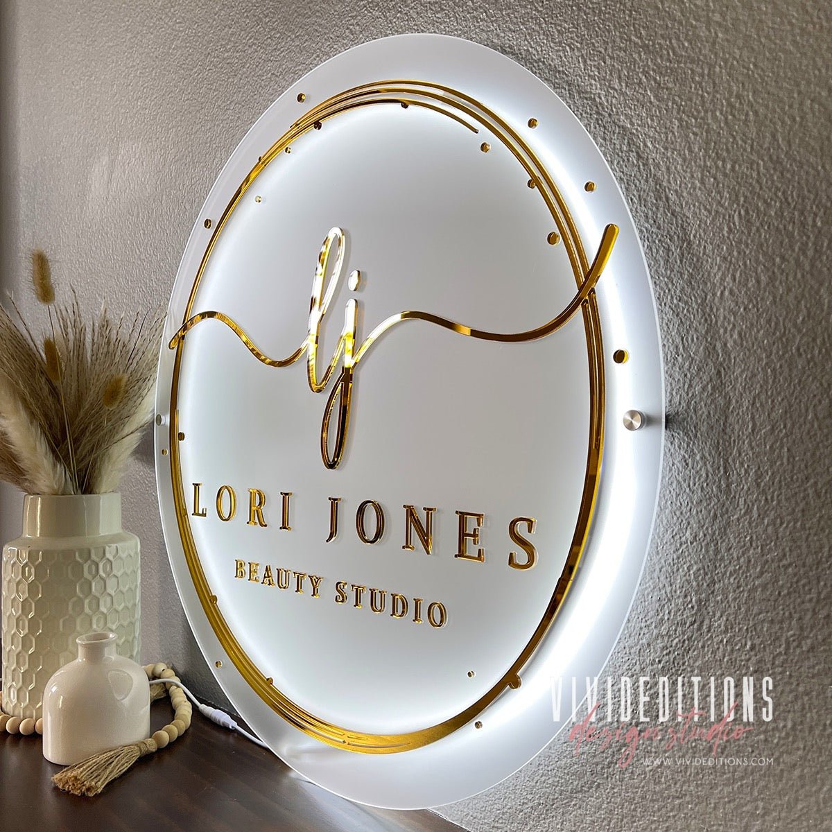 Neon Backlit Acrylic 3D Business Sign w/ Mirror Dot Accents – VividEditions